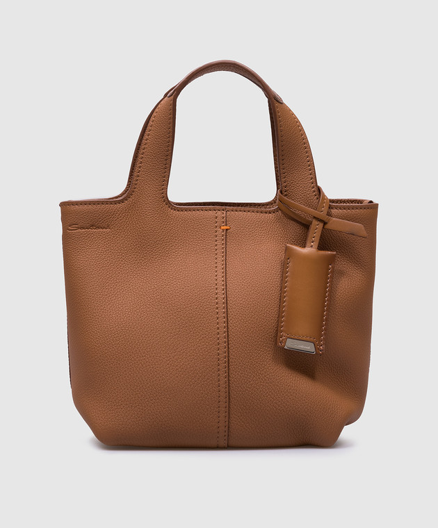 Santoni - Logo embossed brown leather tote bag with metallic mirror ...