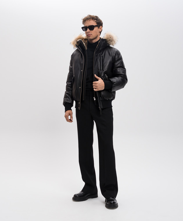 Mackage - Black leather down jacket with raccoon fur and logo GLENF ...