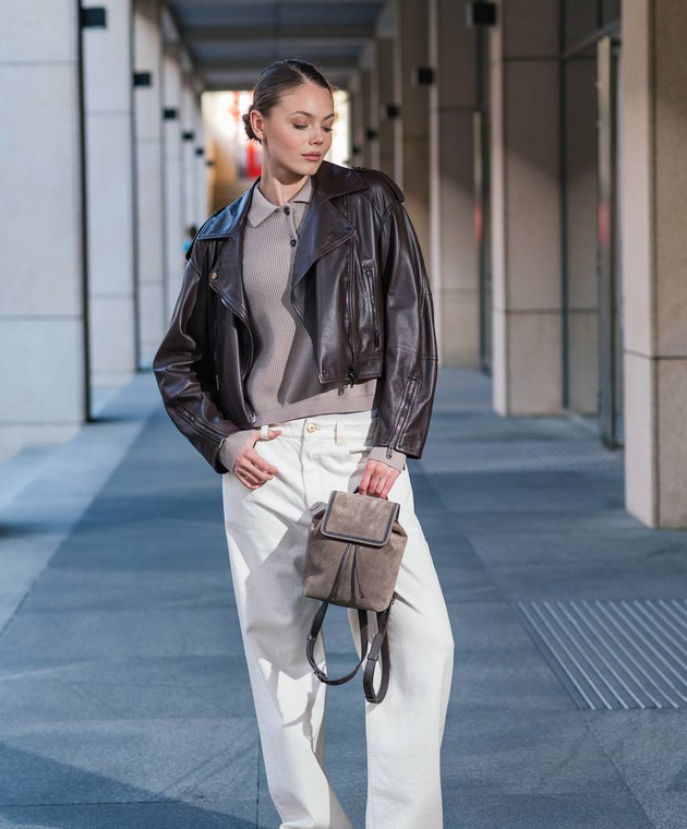 Brunello Cucinelli - Brown leather jacket with monil chain MPNGI2765 ...
