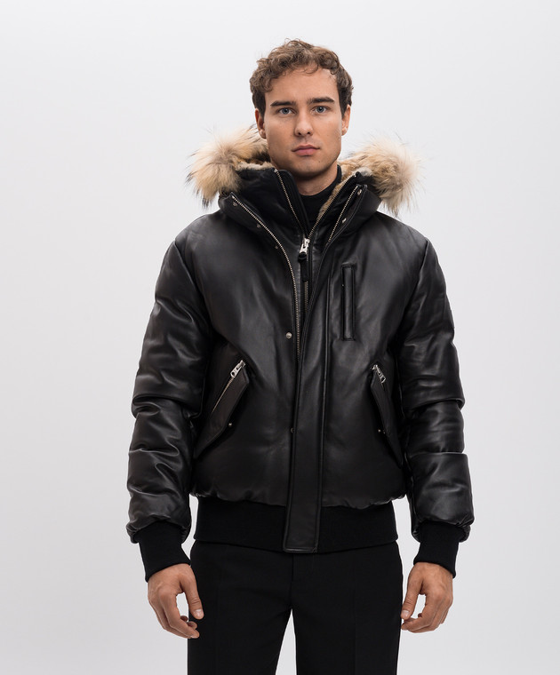 Mackage - Black leather down jacket with raccoon fur and logo GLENF ...