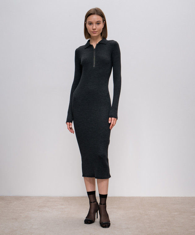 Brunello Cucinelli - Gray wool and cashmere dress with monil chain ...