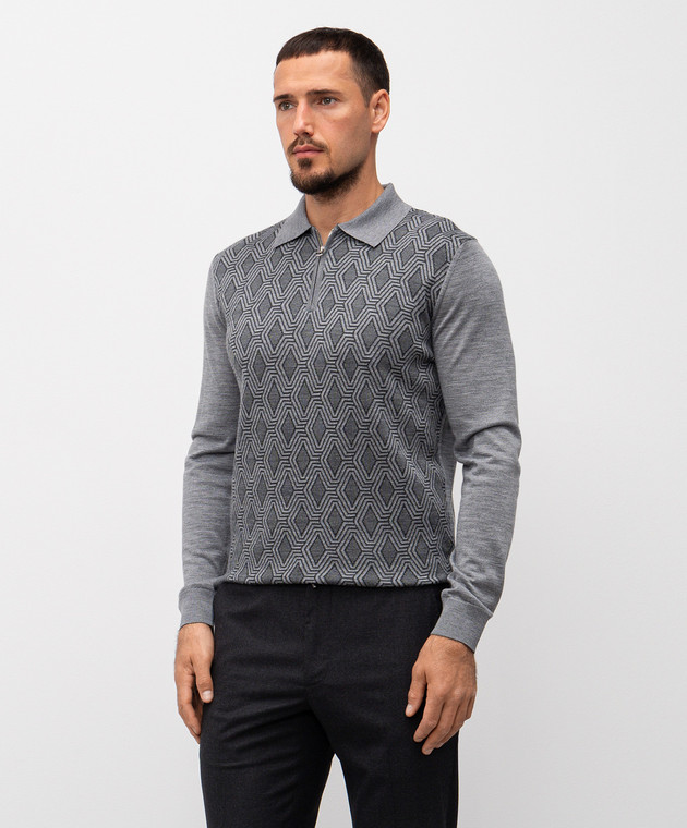Stefano Ricci - Gray wool, silk and cashmere polo shirt with a pattern ...