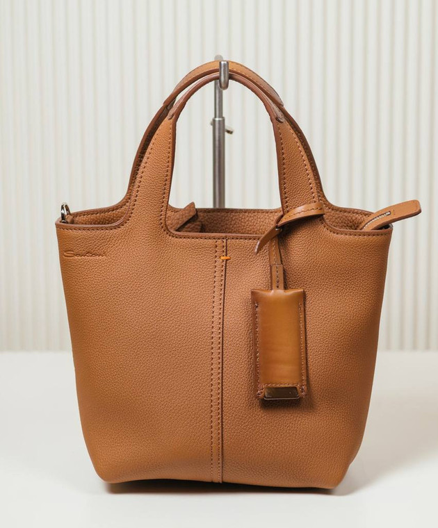 Santoni - Logo embossed brown leather tote bag with metallic mirror ...